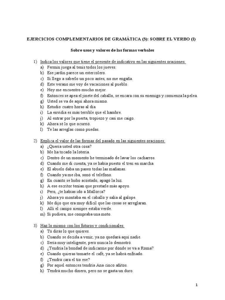 Ejercicios Complementarios de Gramática (3) - Sobre El Verbo | PDF