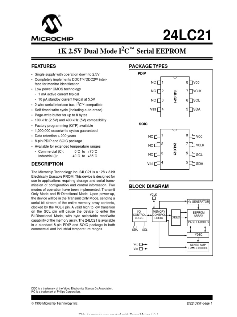 24LC21 1K 2.5V Dual Mode I2C Serial EEPROM | PDF | Bit | Computing