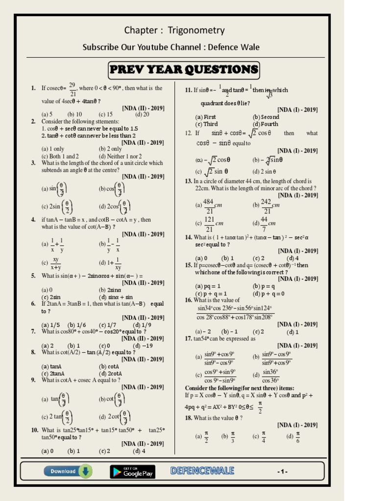 Prev Year Questions: Chapter: Trigonometry | PDF | Trigonometric Functions | Trigonometry