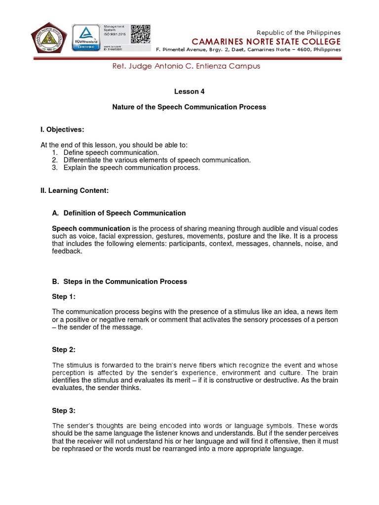 Lesson 4 - Nature of The Speech Communication Process | PDF ...