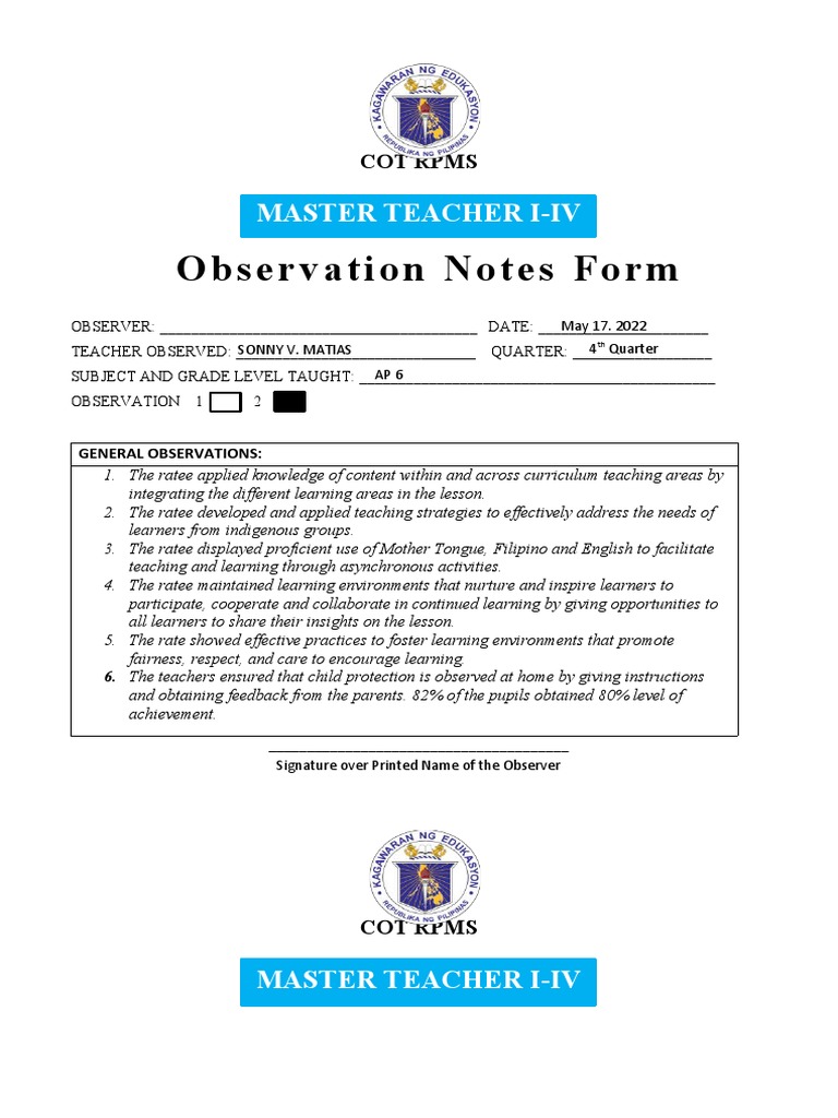 MT I-IV Cot Rating Sheet 2 2021-2022 | PDF | Teaching Method | Learning