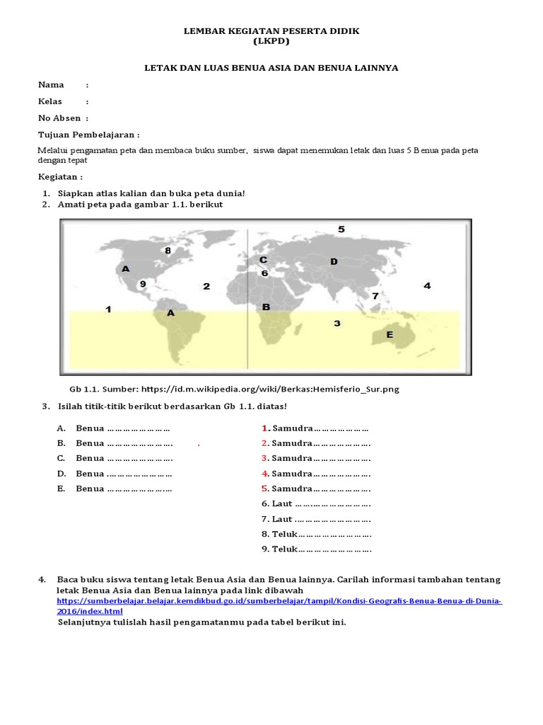 LKPD Letak Dan Luas Benua Asia Dan Benua Lainnya | PDF