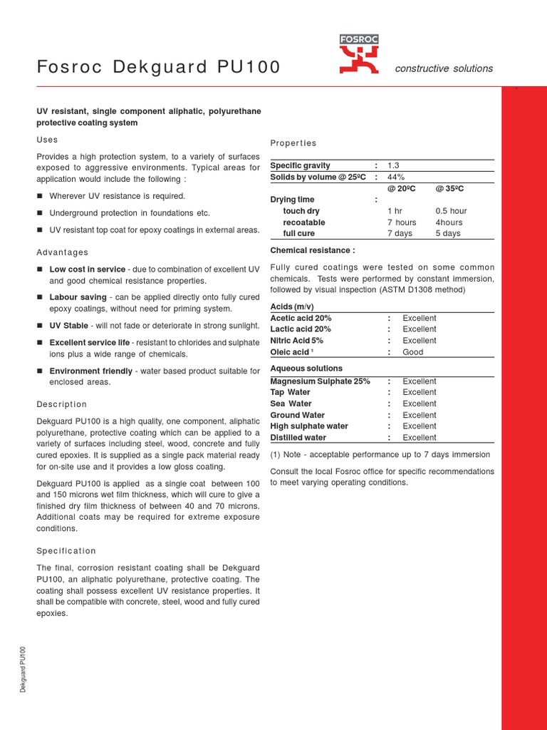 Fosroc Dekguard PU100: Constructive Solutions | PDF | Epoxy | Concrete