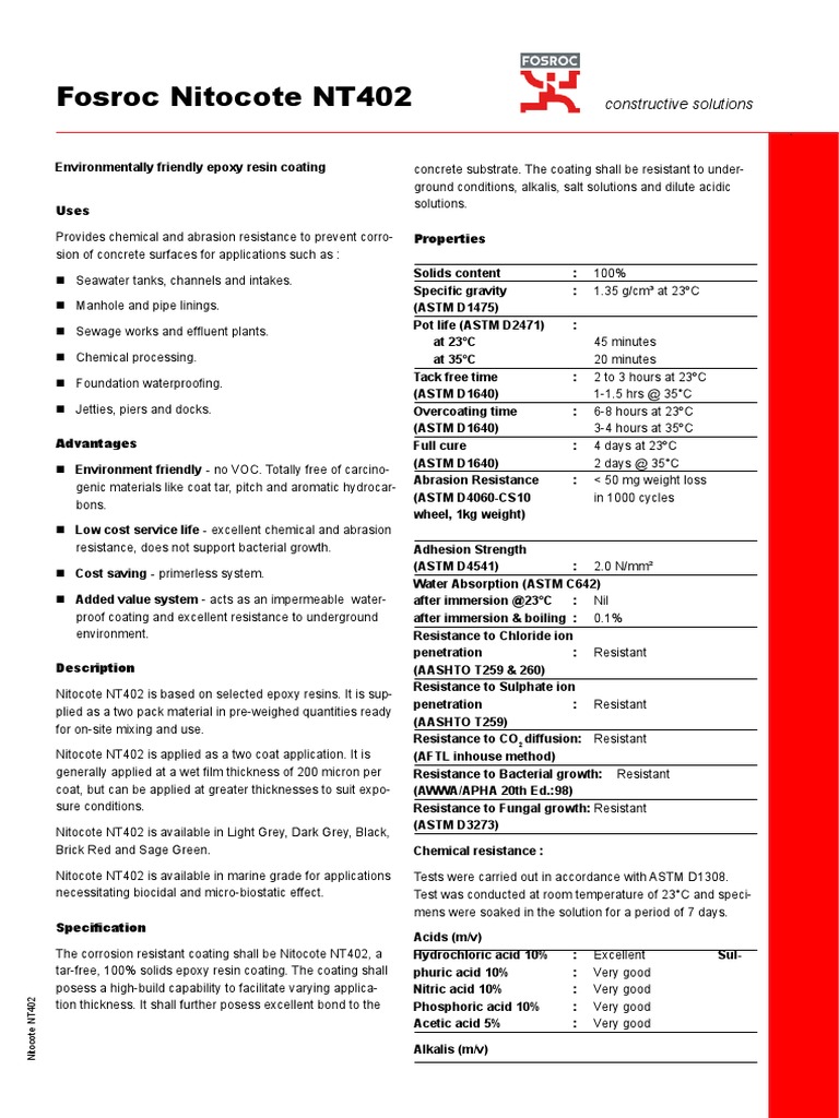 Fosroc Nitocote NT402: Constructive Solutions | PDF | Concrete | Acid