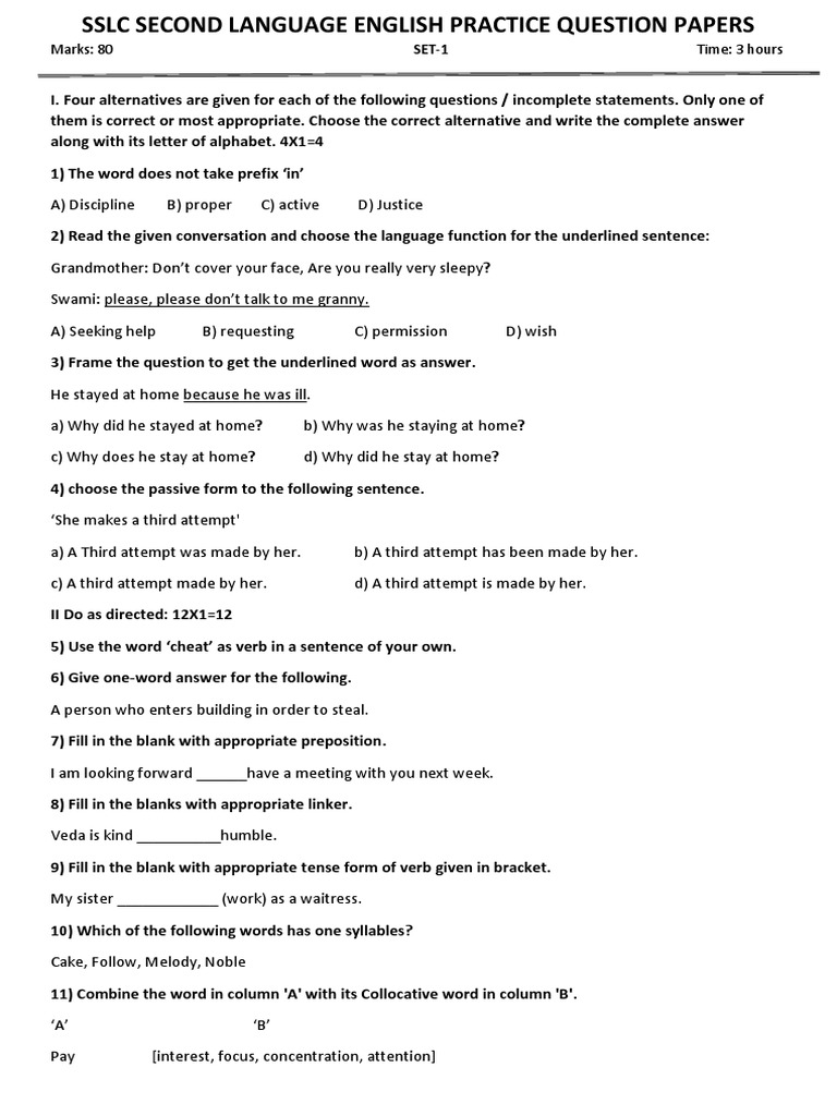 SSLC Practice Question Paper 1 | PDF | Ellipsis | Linguistics