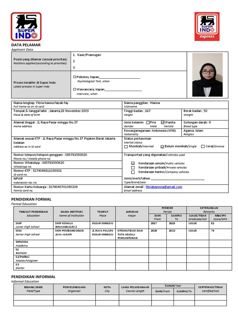 Form Data Pribadi Pelamar Super Indo Pdf