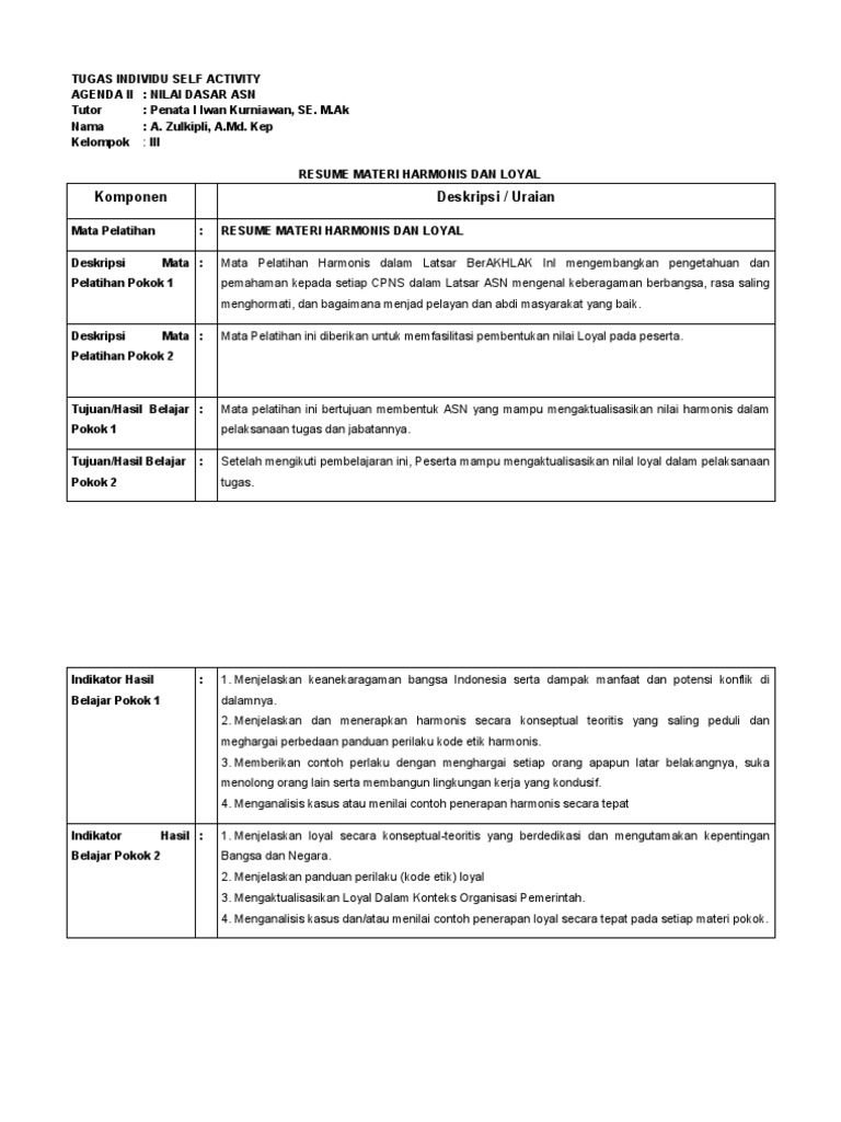 Resume Materi Harmonis Dan Loyal | PDF
