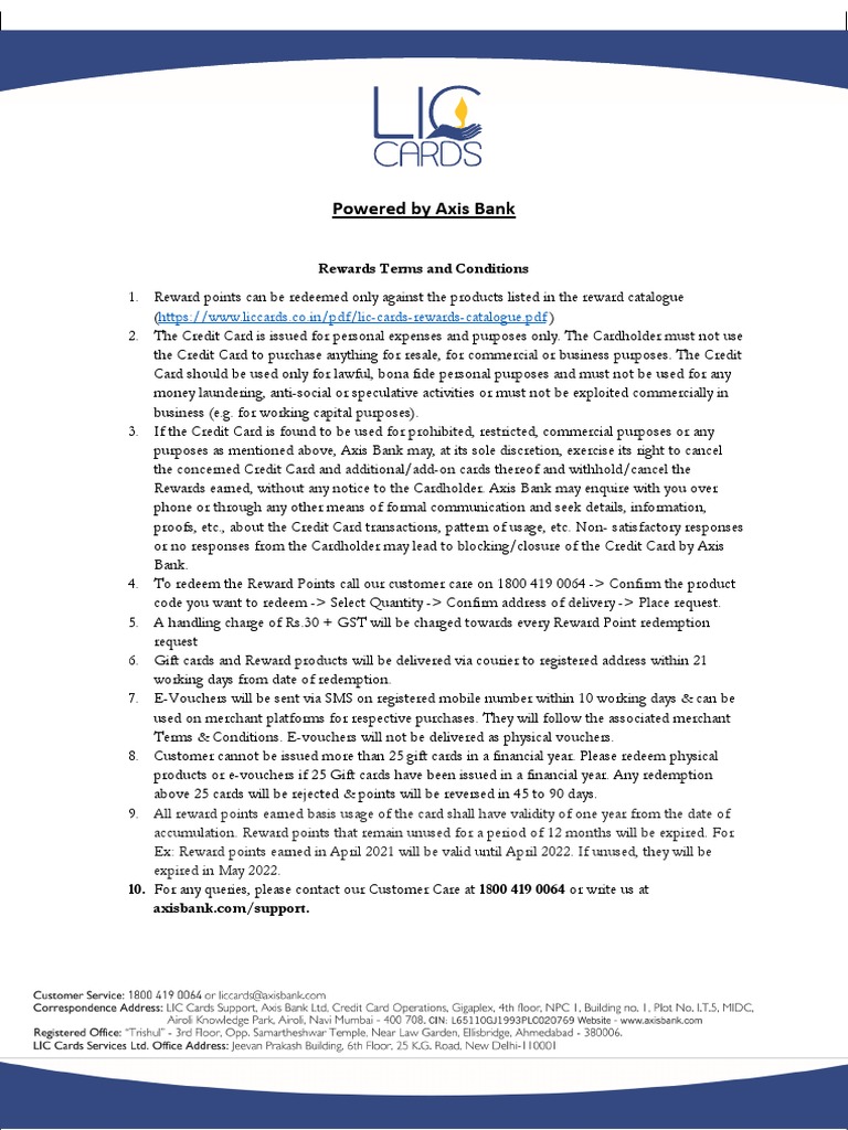 Terms and Conditions For Lic Cards Reward Points | PDF | Credit Card ...