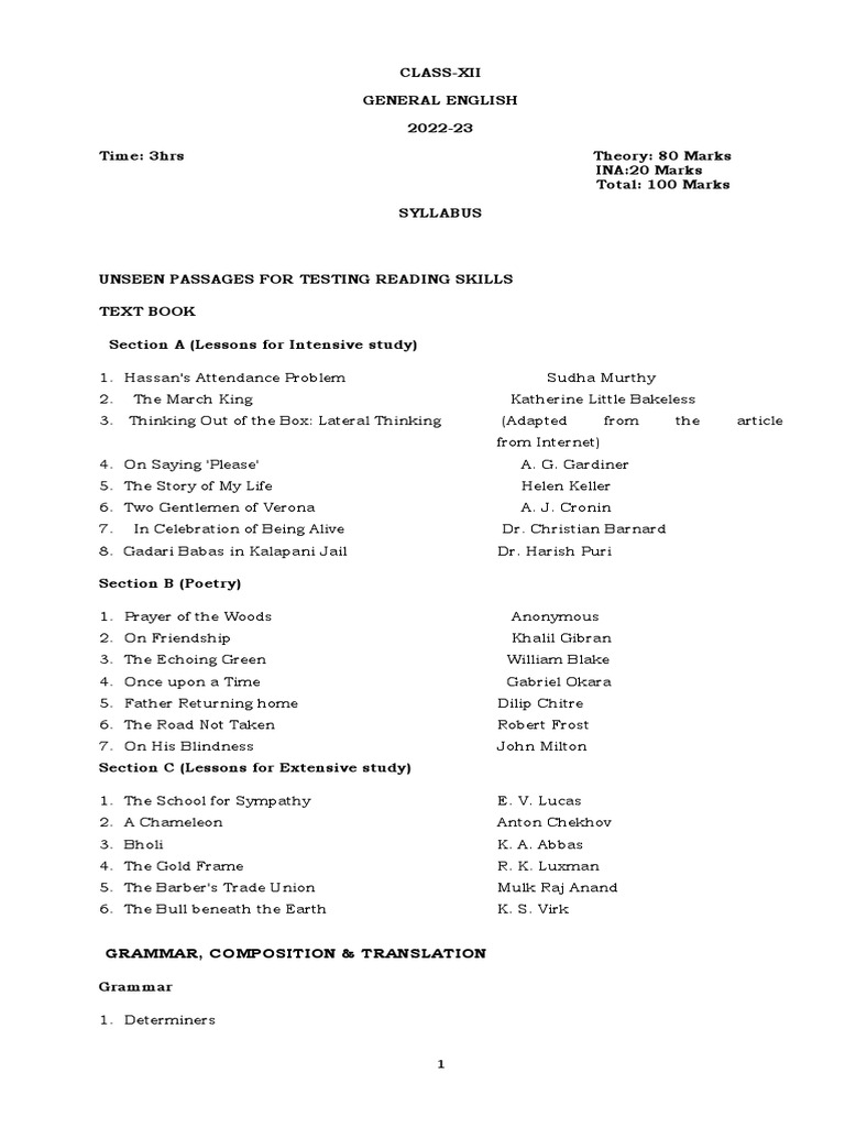 Class 12 English Syllabus 2022-23 | PDF