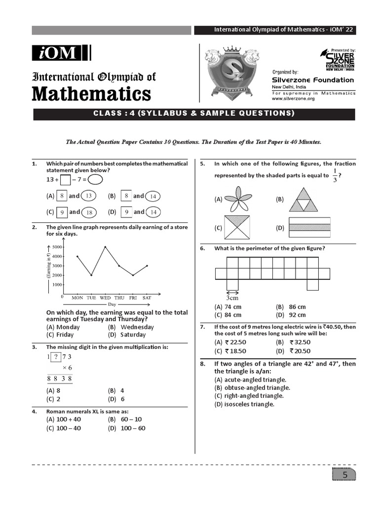 Class 4 IOM Maths Olympiad Sample Paper | PDF | Triangle | Elementary ...