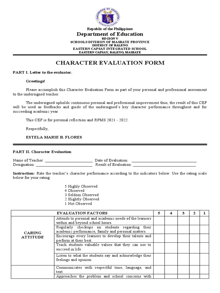 Character Evaluation Form | PDF | Teachers | Evaluation