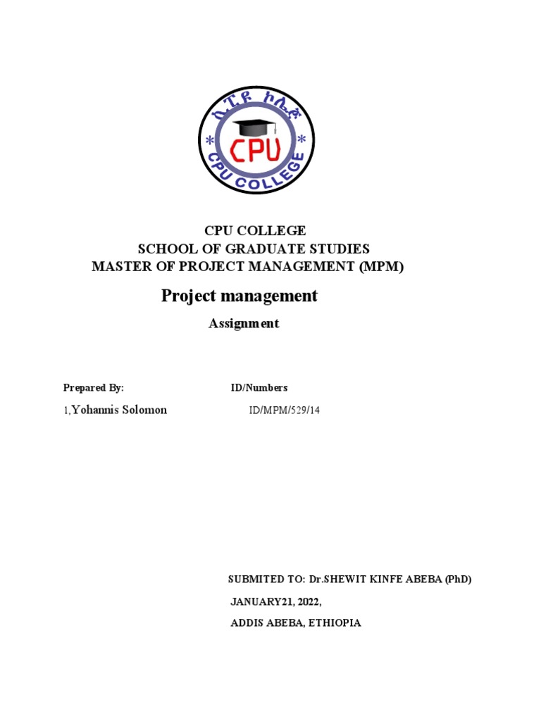 Project Management: Cpu College School of Graduate Studies Master of ...