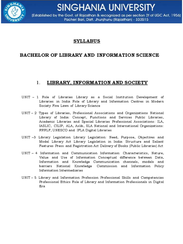 Library Science Syllabus - Singhania University | PDF | Libraries ...