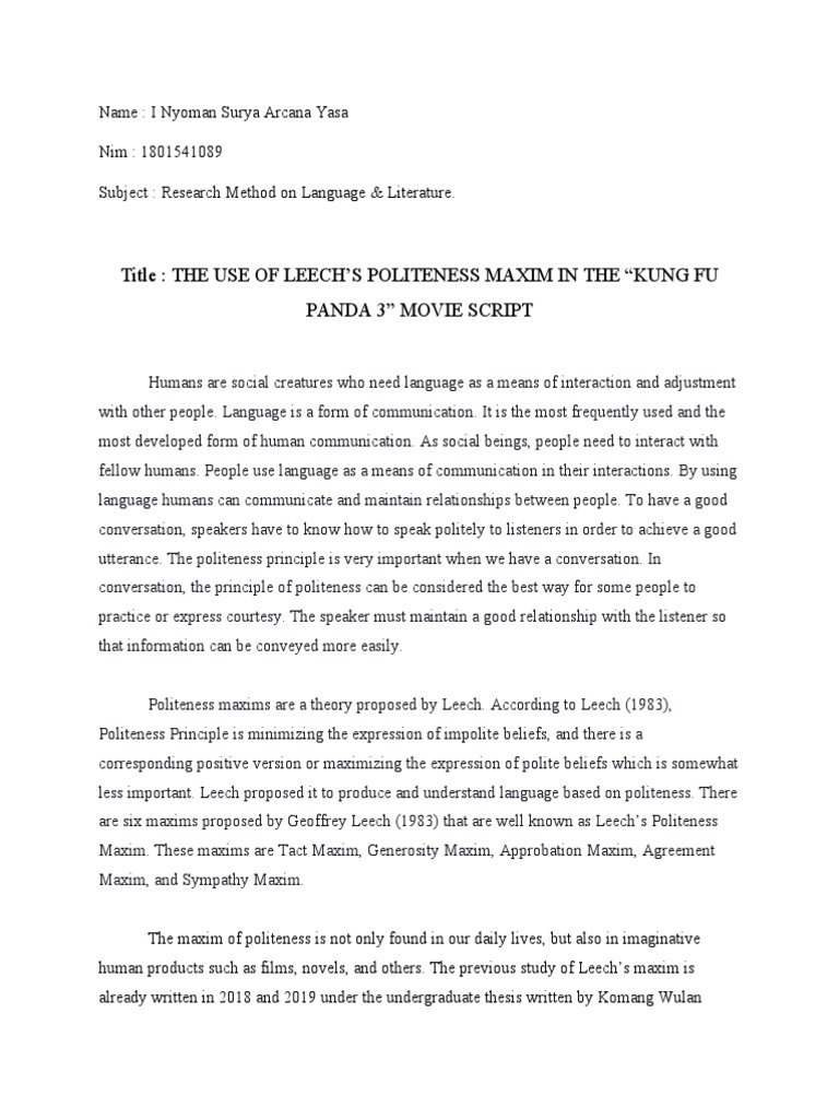 Title: The Use of Leech'S Politeness Maxim in The "Kung Fu Panda 3 ...
