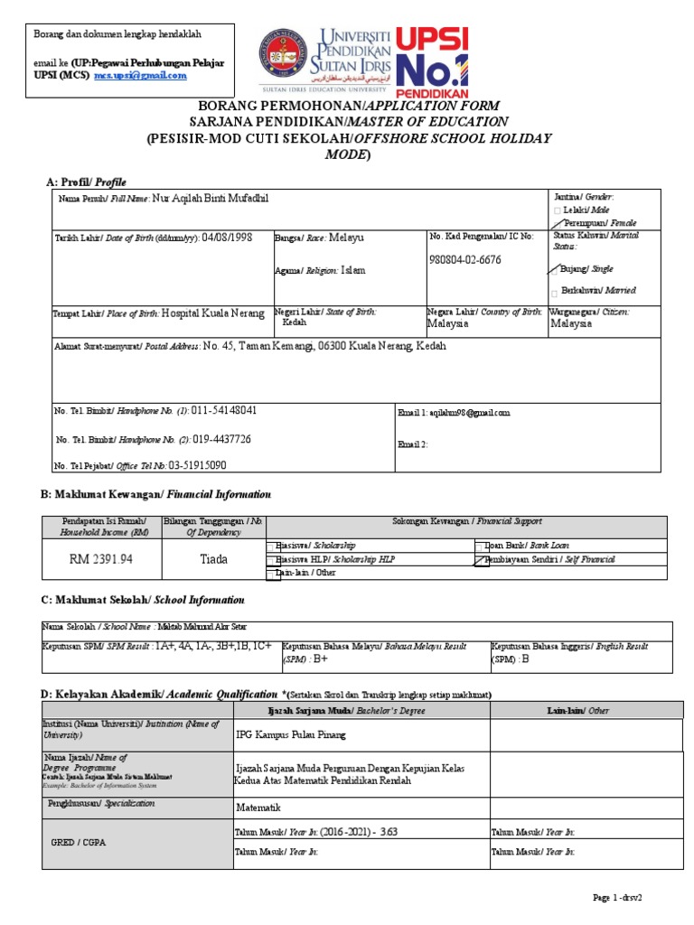 Borang Permohonan Surat Tawaran Upsi Kohort 2 2022 V2 | PDF