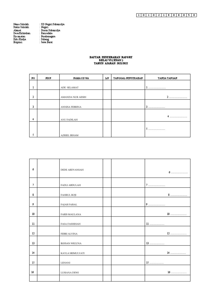 Daftar Penyerahan Raport Kelas 6 2021-2022 | PDF