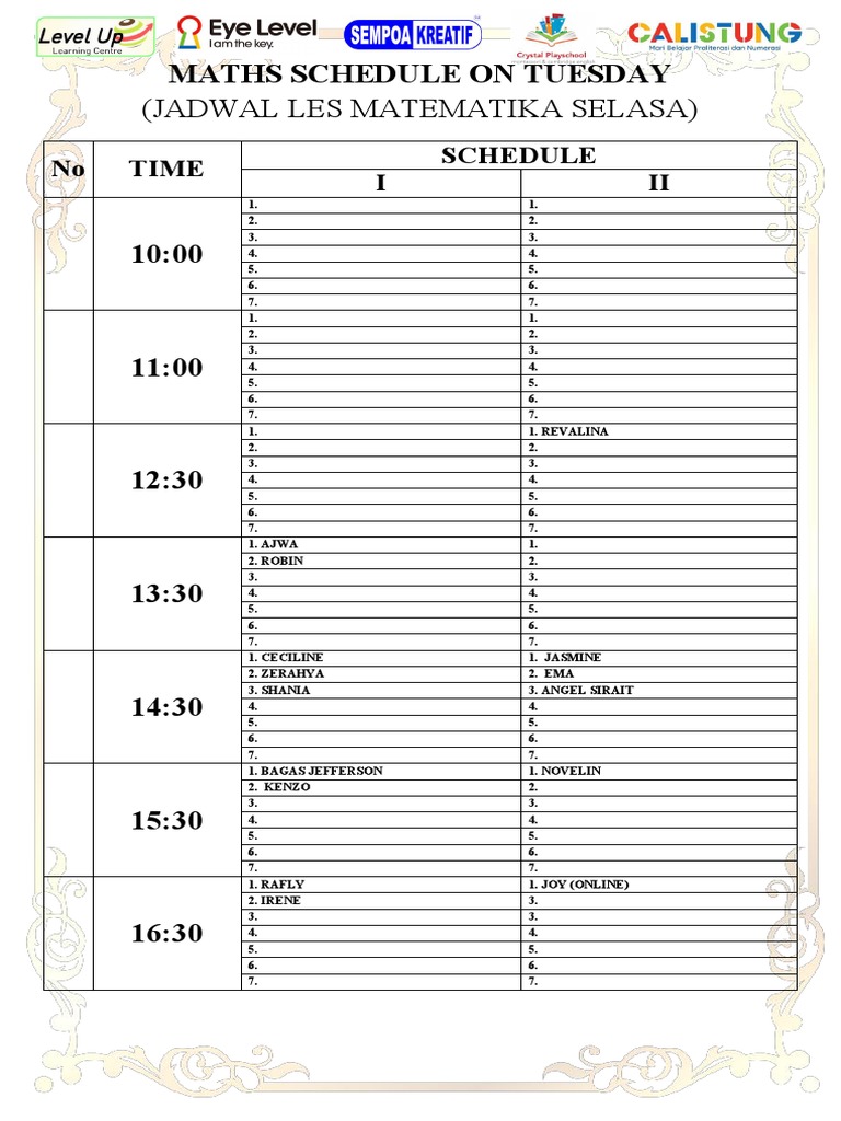 Maths Schedule On Tuesday | PDF