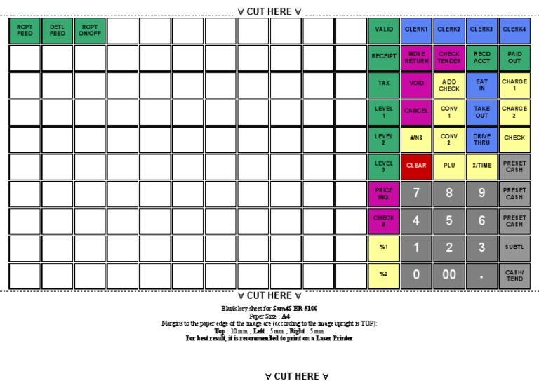 Blank Key Sheet For Sam4S ER-5100 Paper Size: A4 Margins To The Paper ...