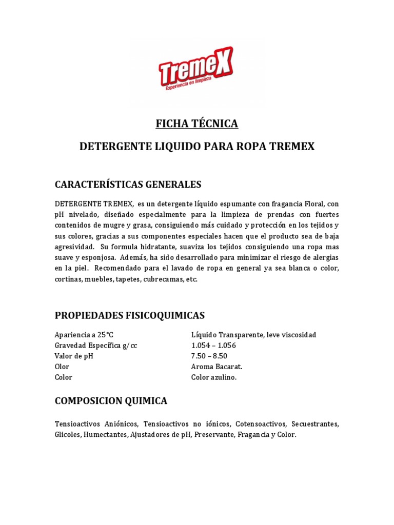 Ficha Técnica Detergente Liquido para Ropa Tremex: Características Generales | PDF