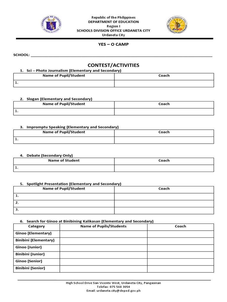 List Of Contests And Activities For Yes O Camp Pdf