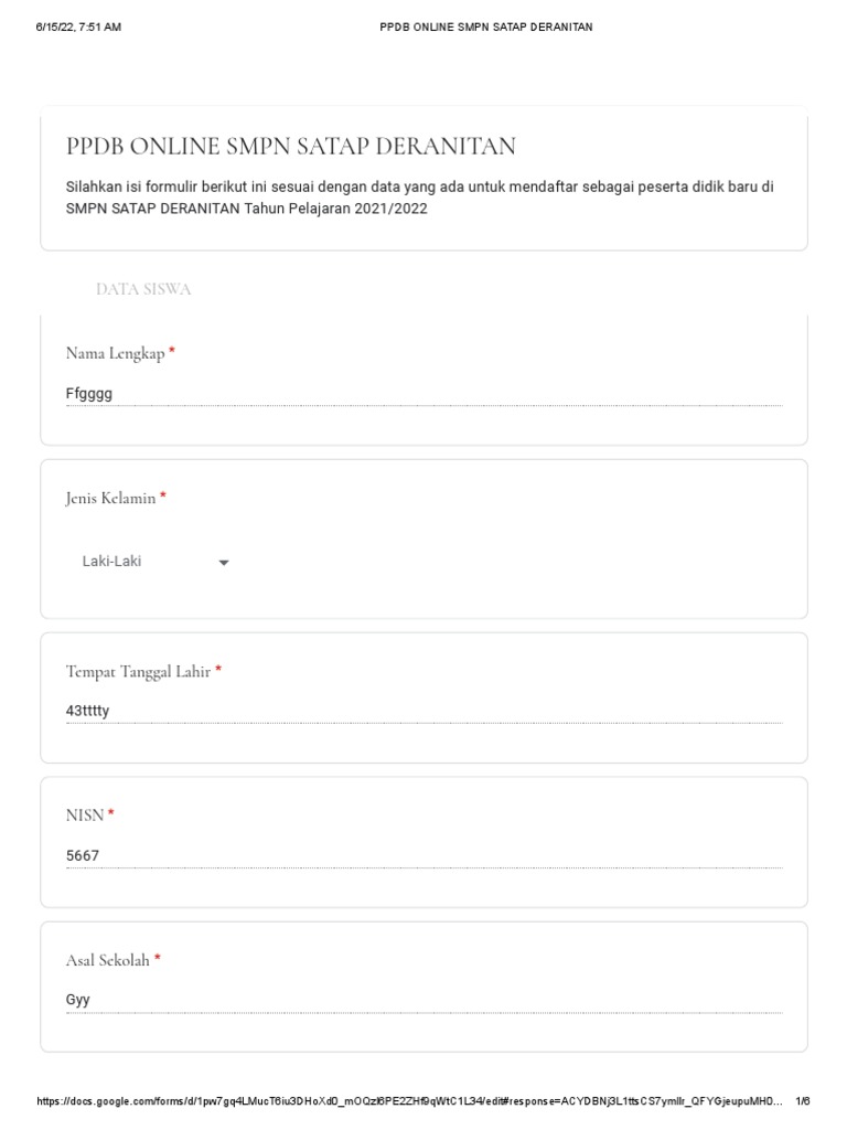 FORMULIR PPDB ONLINE SMPN SATAP DERANITAN - Google Formulir | PDF