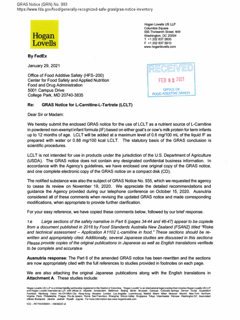 GRAS Notice GRN 993 L Carnitine L Tartrate W Amendment | Download Free ...