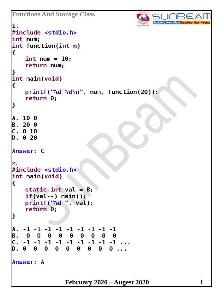 Functions And Storage Class Include Int Int Int Int Return Int Void 8726