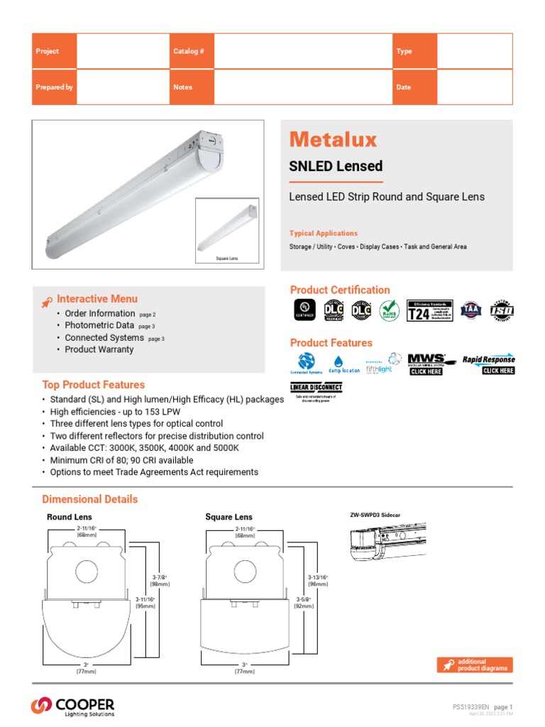 Metalux Snled Striplight Lensed Specsheet | PDF | Light | Components