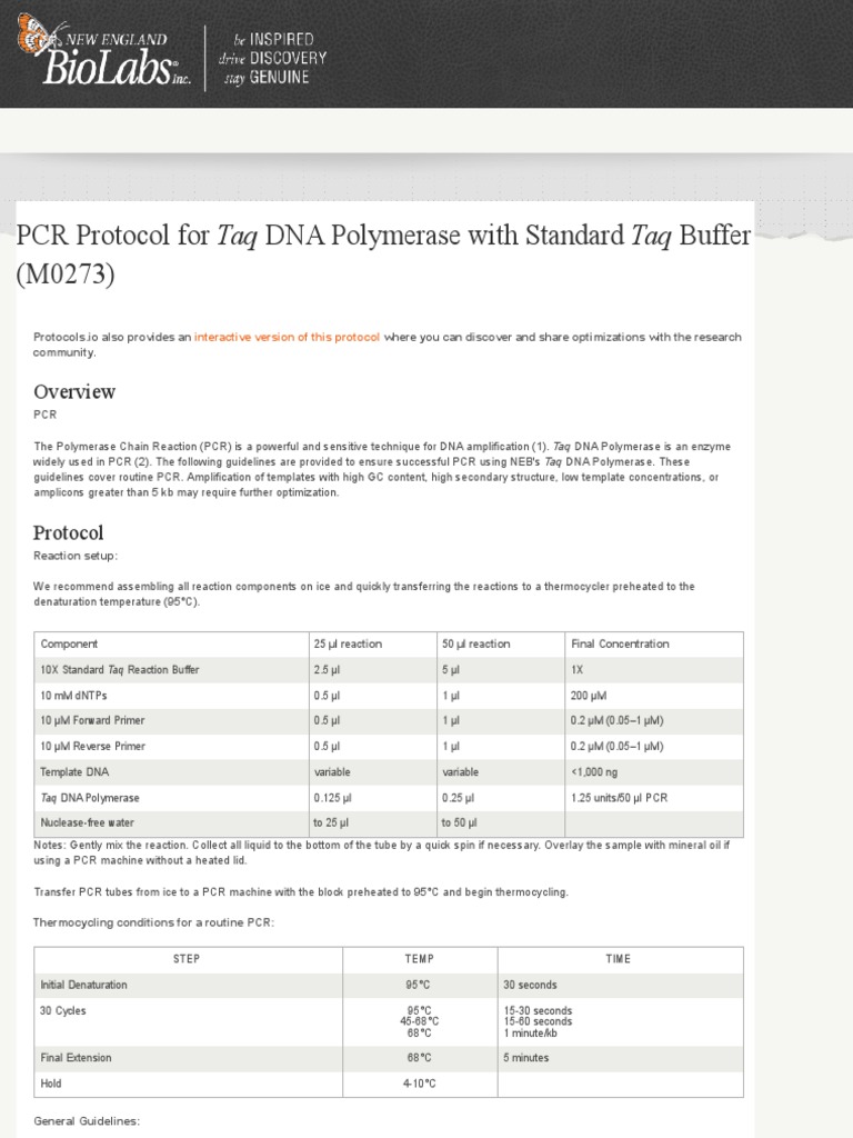 PCR Protocol For Taq DNA Polymerase With Standard Taq Buffer (M0273 ...