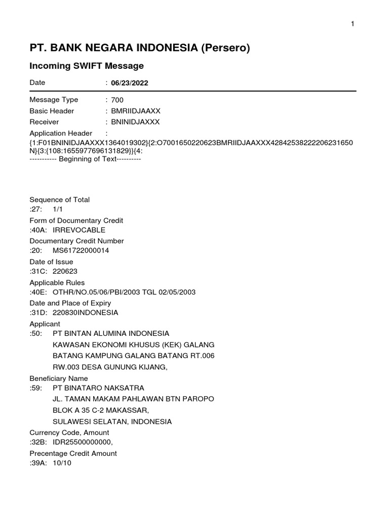 Swift MT700 PT Binataro | PDF | Freight Transport | Supply Chain Management