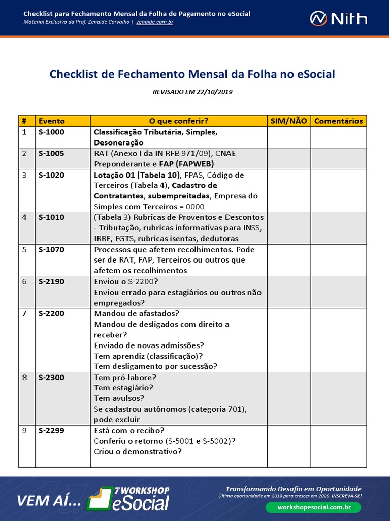 Checklist Fechamento Mensal Folha 2019 | PDF | Contabilidade | Economias