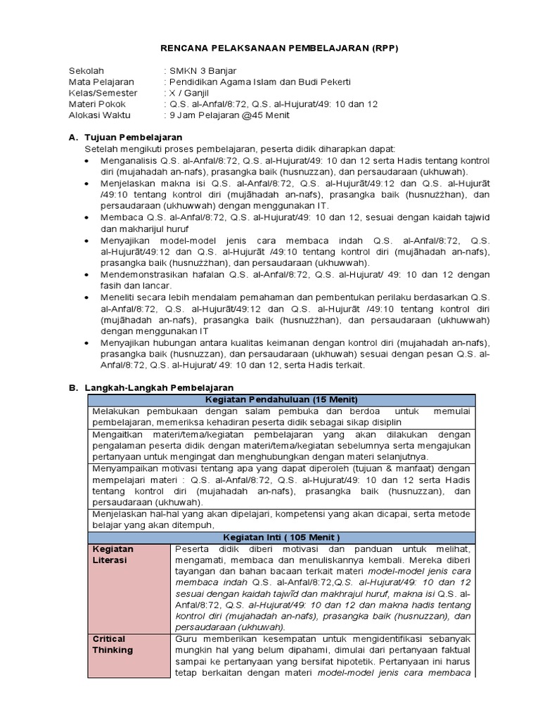 RPP QS. An-Anfal 72 & QS. Al-Hujarat 10 Dan 12 Mujahadah | PDF