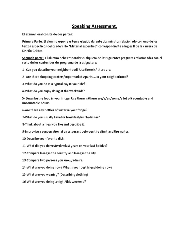 Speaking Assessment. Inglés II. | PDF