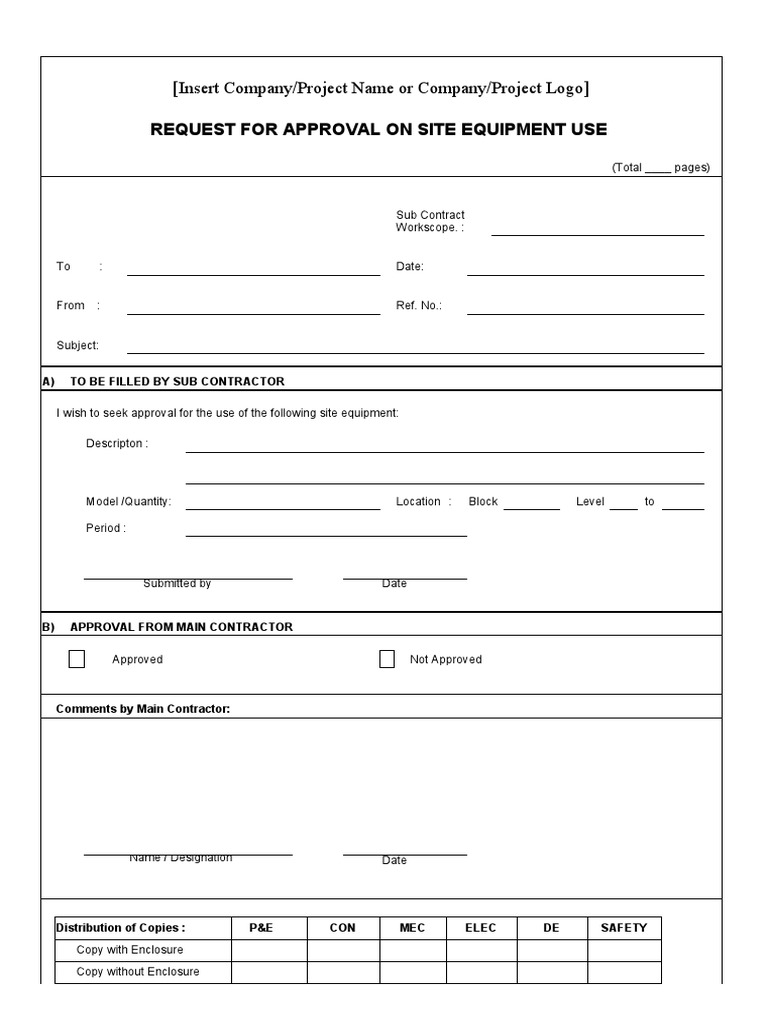 Request For Approval On Site Equipment Use: (Insert Company/Project ...