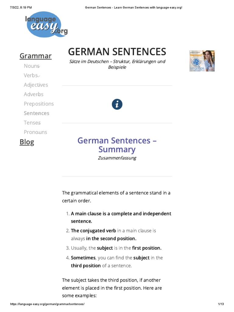Der Satzbau German Sentences - Learn German Sentences With Language ...