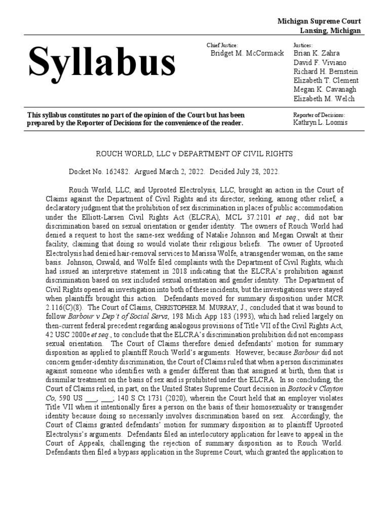 Michigan Supreme Court Ruling: Rouch World LLC V Dep't of Civil Rights ...