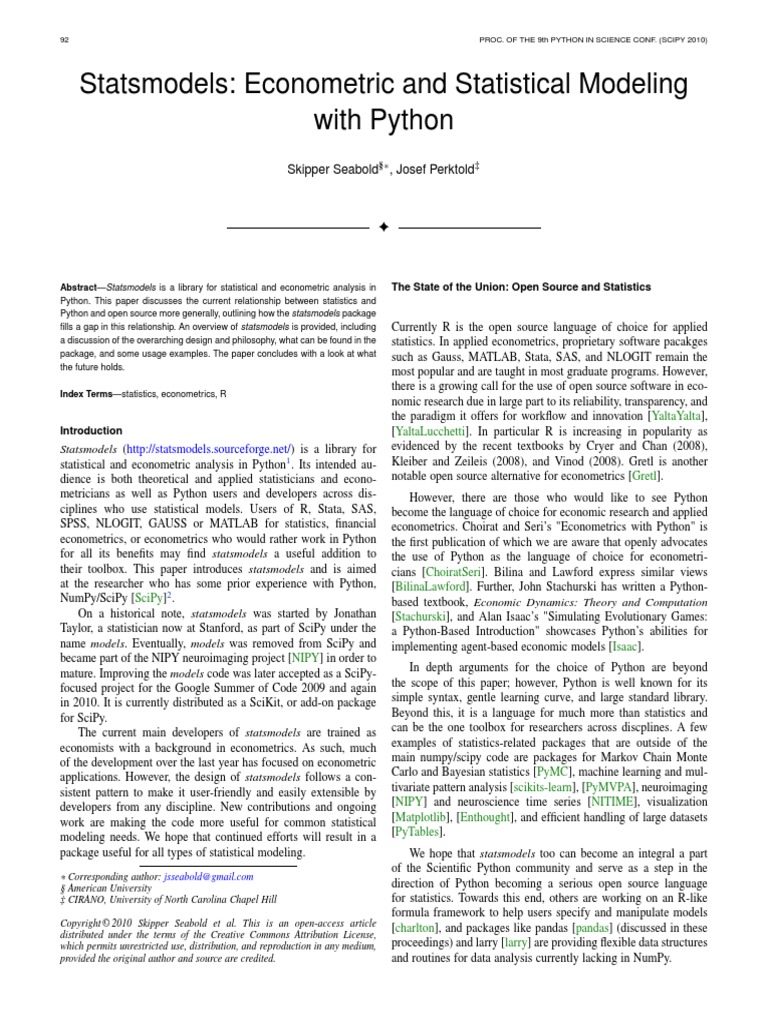 Statsmodels Econometric And Statistical Modeling With Python Pdf Ordinary Least Squares