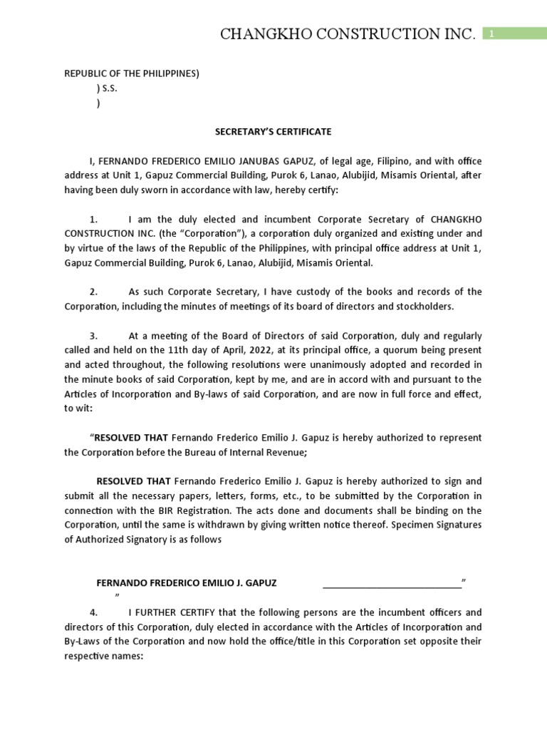 Corporate Secretary Certificate - Person Authorized To Transact With ...