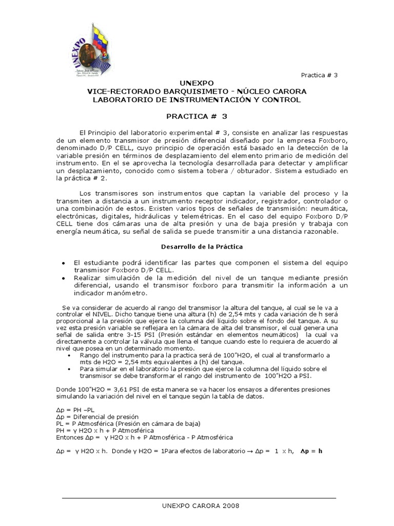 Practica 3 Instrumentacion | PDF | Presión | Transmisor