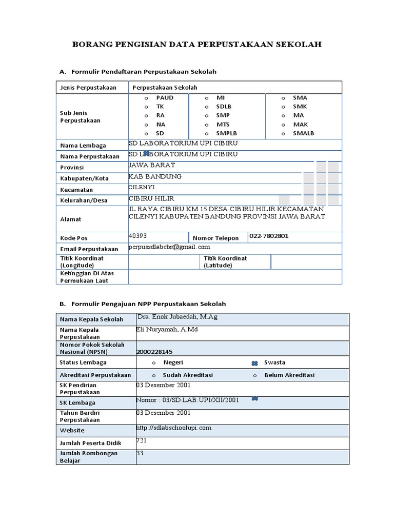 Borang Pengisian Data Perpustakaan Sekolah | PDF