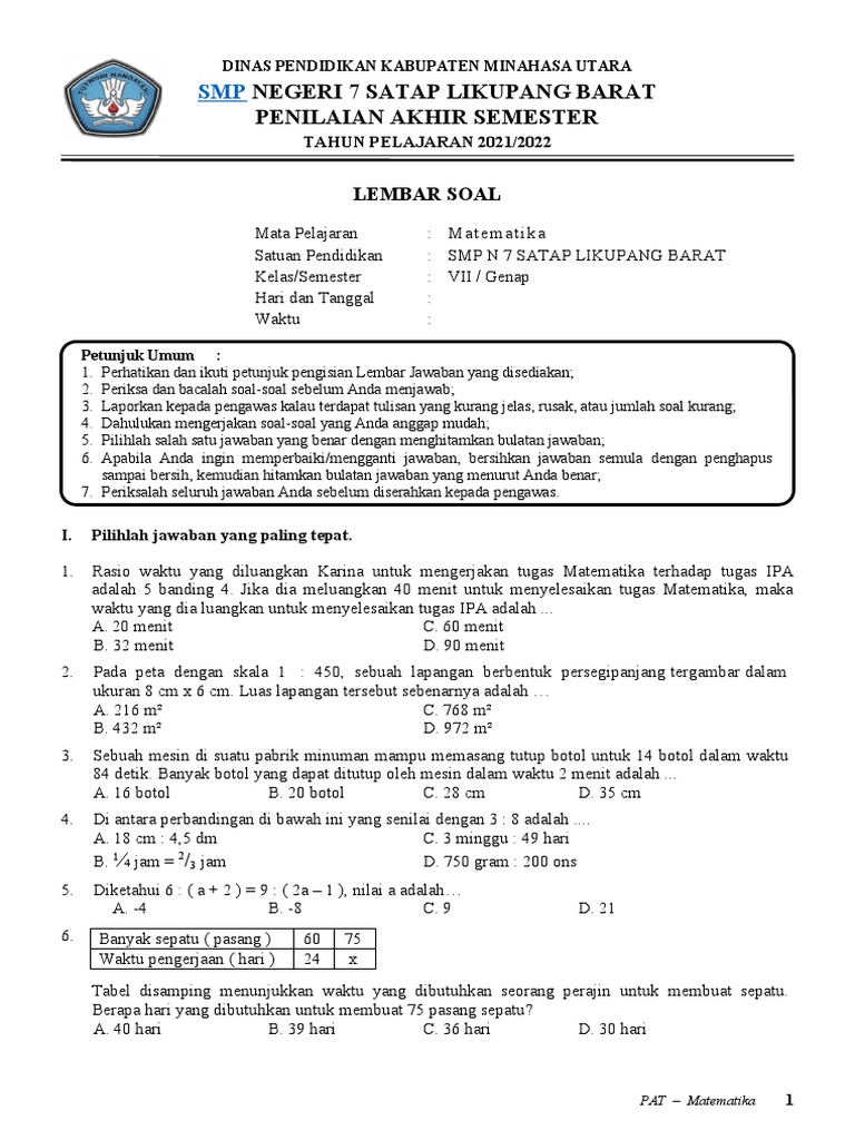 Penilaian Akhir Semester SMP Matematika | PDF