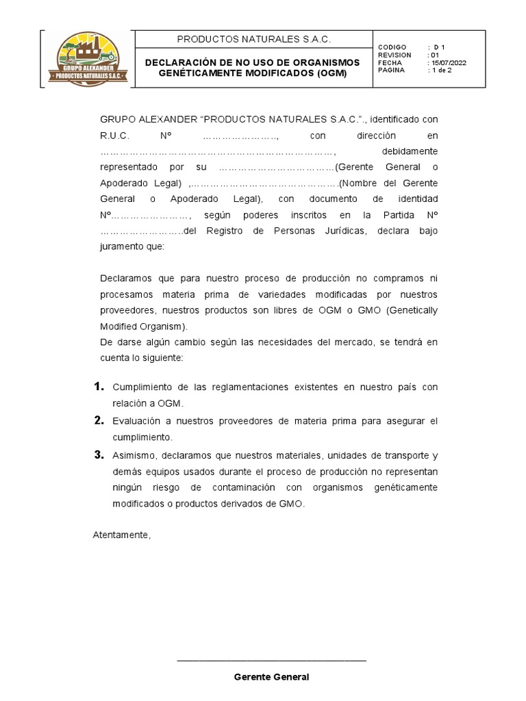 Declaración de Organismos Genéticamente Modificados (Gmo) | PDF
