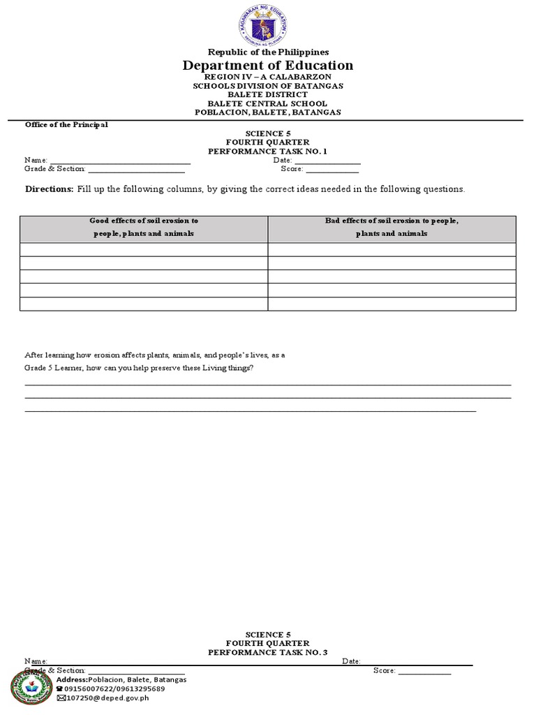 SCIENCE 5 PERFORMANCE TASKs 1-4 4th Quarter | PDF | Behavior ...