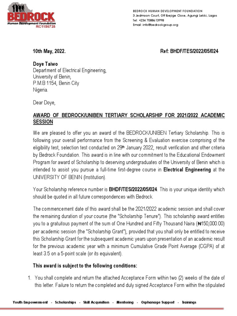 Bedrock Endowment Schlarship at Uniben - Award Letter - Doye Taiwo | PDF