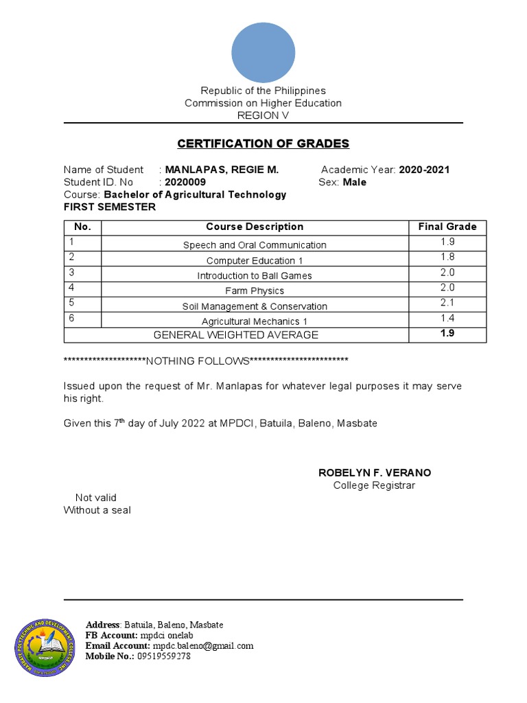 Certification of Grades: Academic Year: 2020-2021 First Semester No ...