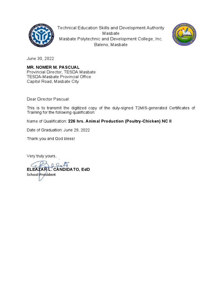 Transmittal For Digitized Training Certificates - TESDA-PESFA | PDF