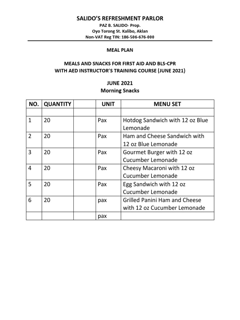 Meal Plan for First Aid Training | PDF | Cuisine | Foods