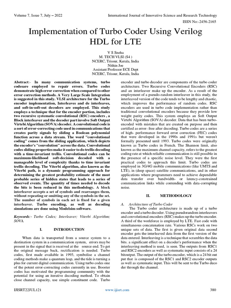 Implementation Of Turbo Coder Using Verilog Hdl For Lte Pdf Code 9094