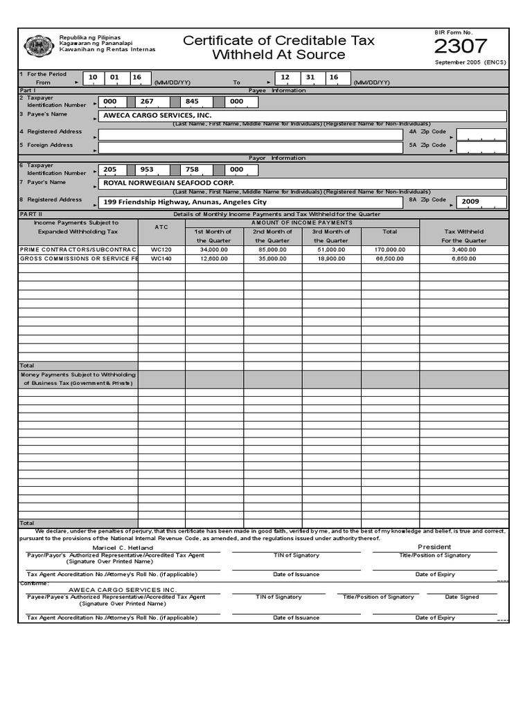 Certificate of Creditable Tax Withheld at Source: Kawanihan NG Rentas ...