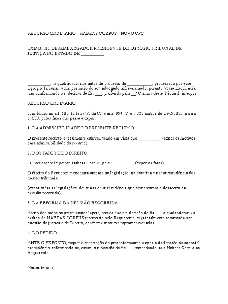 Recurso Ordinário - Habeas Corpus - Novo CPC | PDF